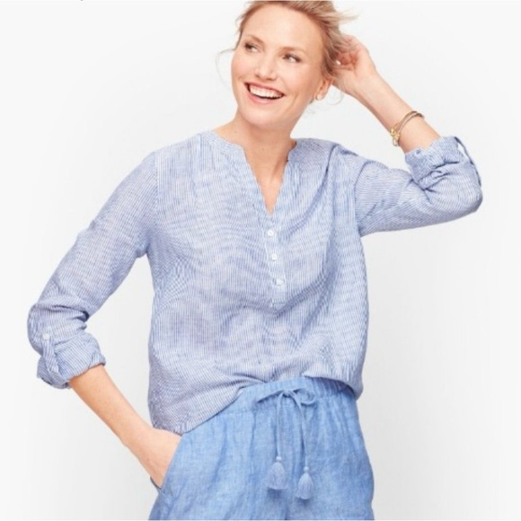 Talbots | Tops | Talbots Bluewhite Stripe Roll Sleeve Linen Split Neck Popover Toptunicsize 2x ...